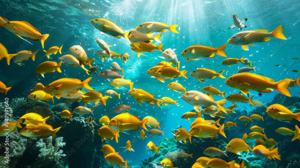 vue sous-marine d'un ban de poissons exotique dans les eaux peu ...
