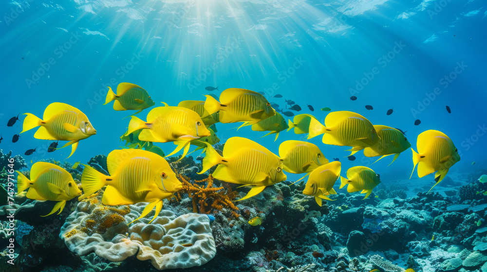vue sous-marine d'un ban de poissons exotique dans les eaux peu ...