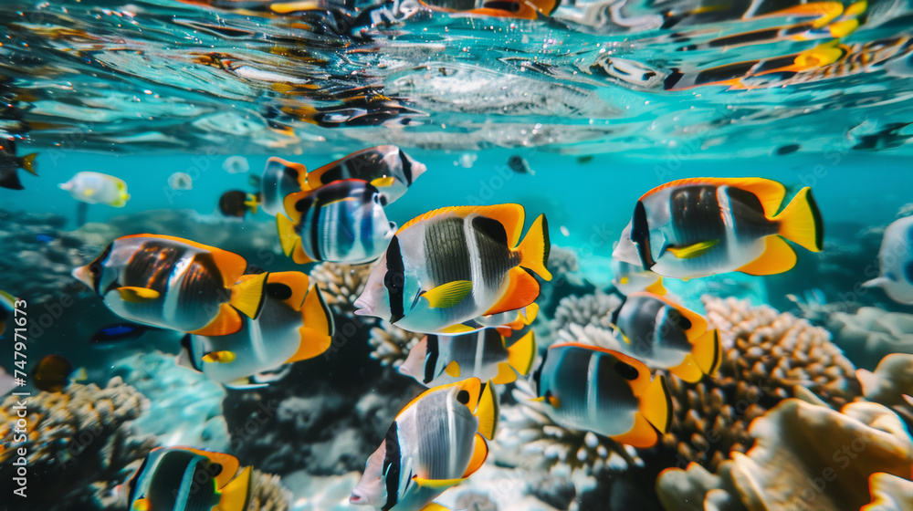 vue sous-marine d'un ban de poissons exotique dans les eaux peu ...