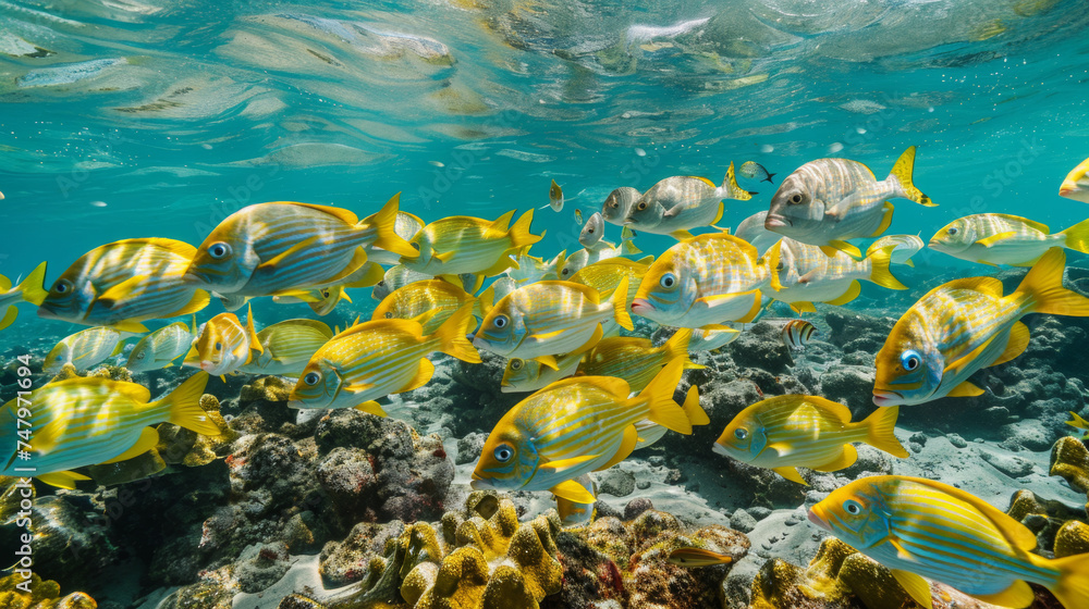 vue sous-marine d'un ban de poissons exotique dans les eaux peu ...