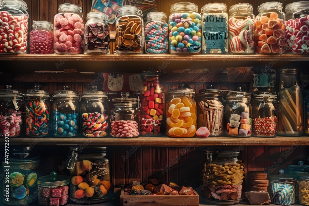 A detailed illustration of shelves in a vintage candy shop, packed with ...