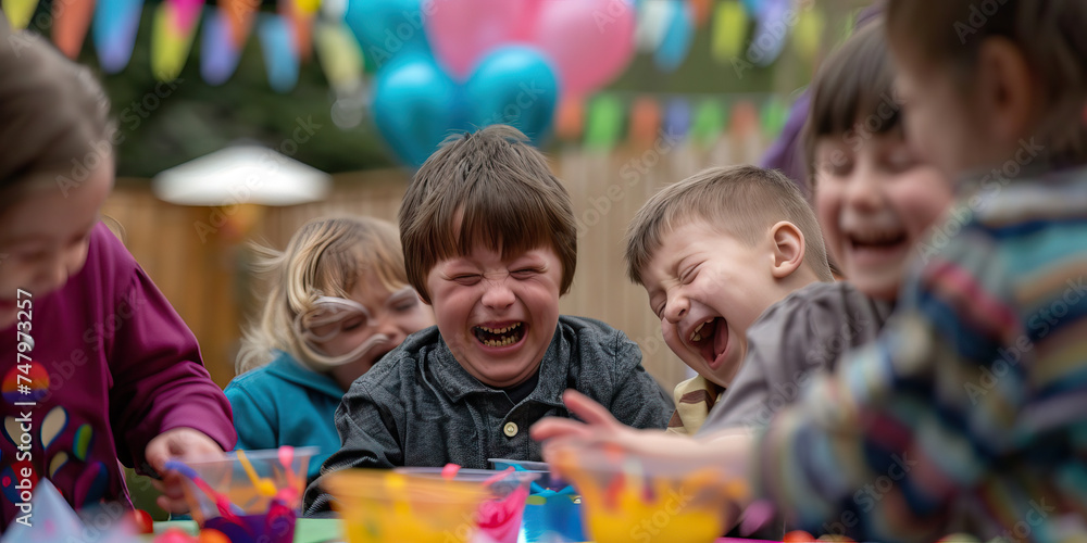 Group of kids with Down syndrome laughing and playing games at a ...