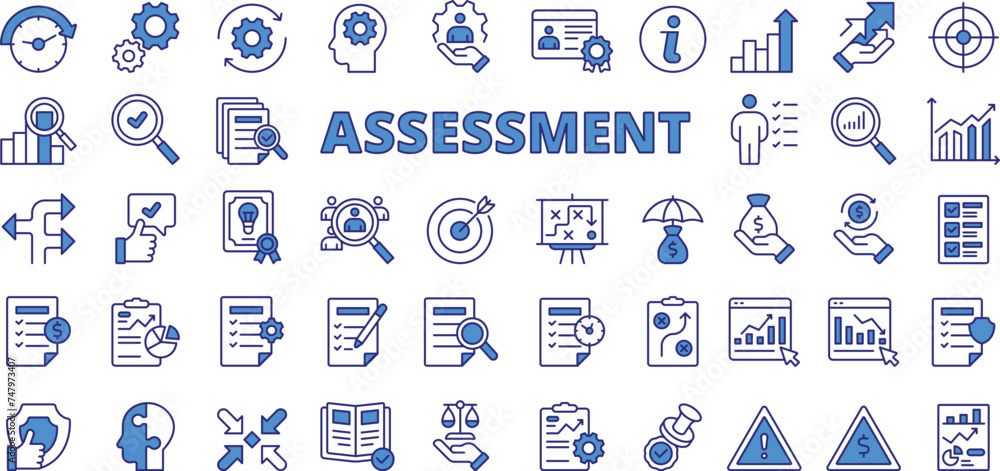 Assessment icons in line design, blue. Assessment, data, analysis ...