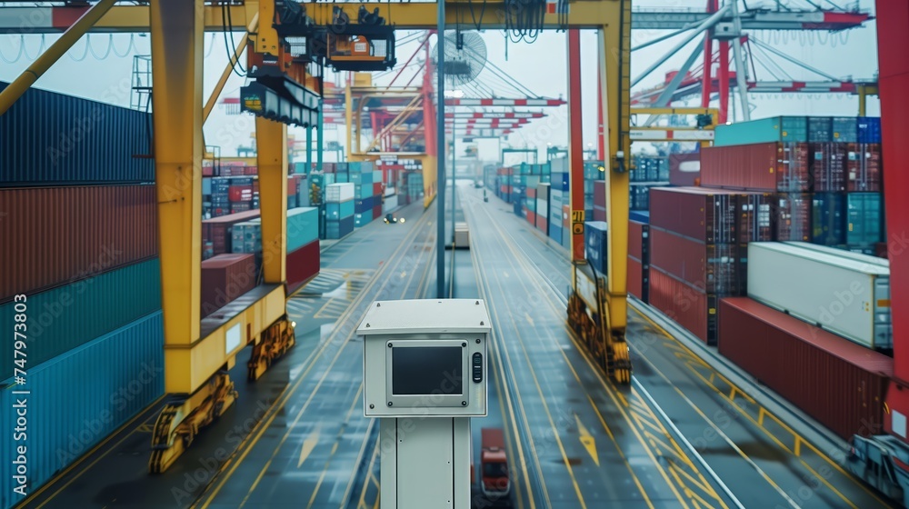 Automated Container Terminal With Gantry Cranes Loading Cargo On Trucks Showcasing Advanced