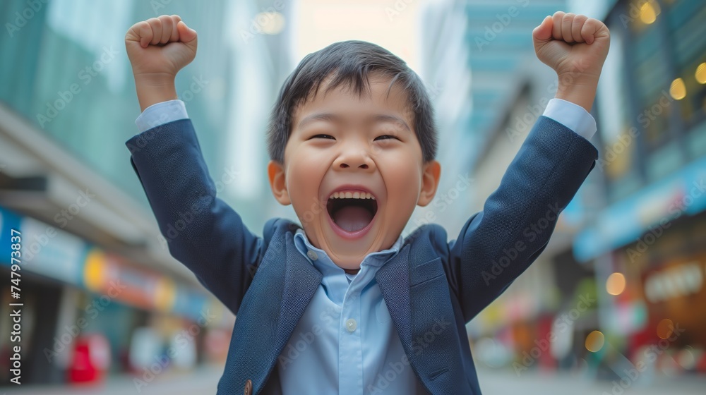 Ecstatic young boy with raised fists celebrating success on a bustling ...