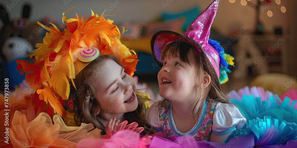 Two girls with Down syndrome playing dress-up with costumes. Learning ...