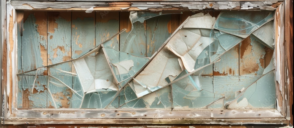 A deteriorated window displaying broken glass and peeling paint, adding ...