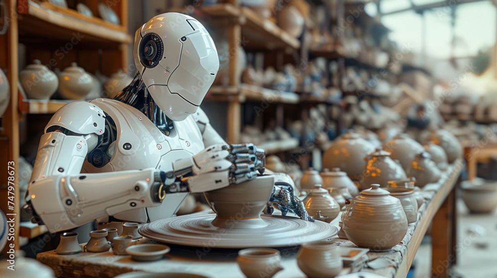 This compelling image depicts a humanoid robot engaging in the ...