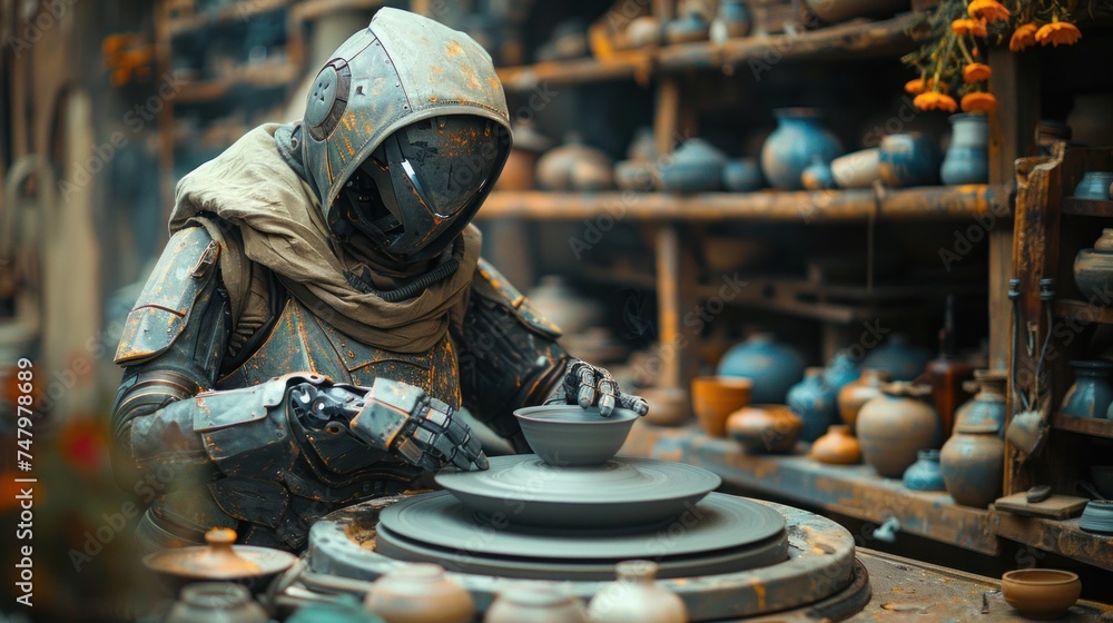 In an unexpected scene, a robot donned in astronaut gear engages in the ...