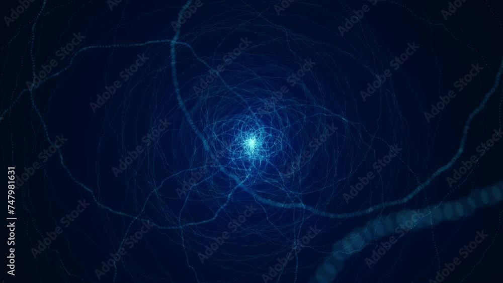 Abstract animation of a glowing blue vortex spinning around a bright ...