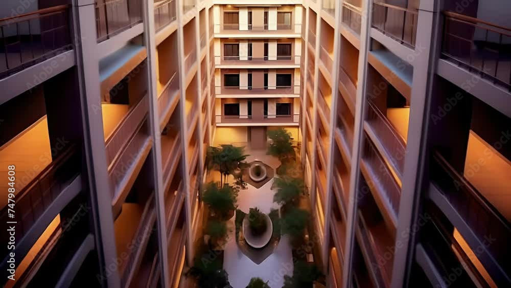 The interior of a modern office building with elliptical balconies and ...