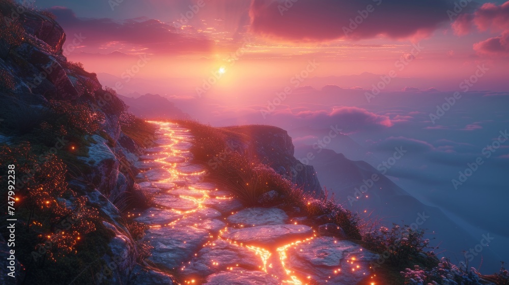 cyber mountain, craggy cliffs equipped with holographic projections ...