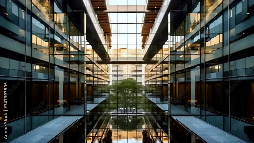 The interior of a modern office building with elliptical balconies and ...