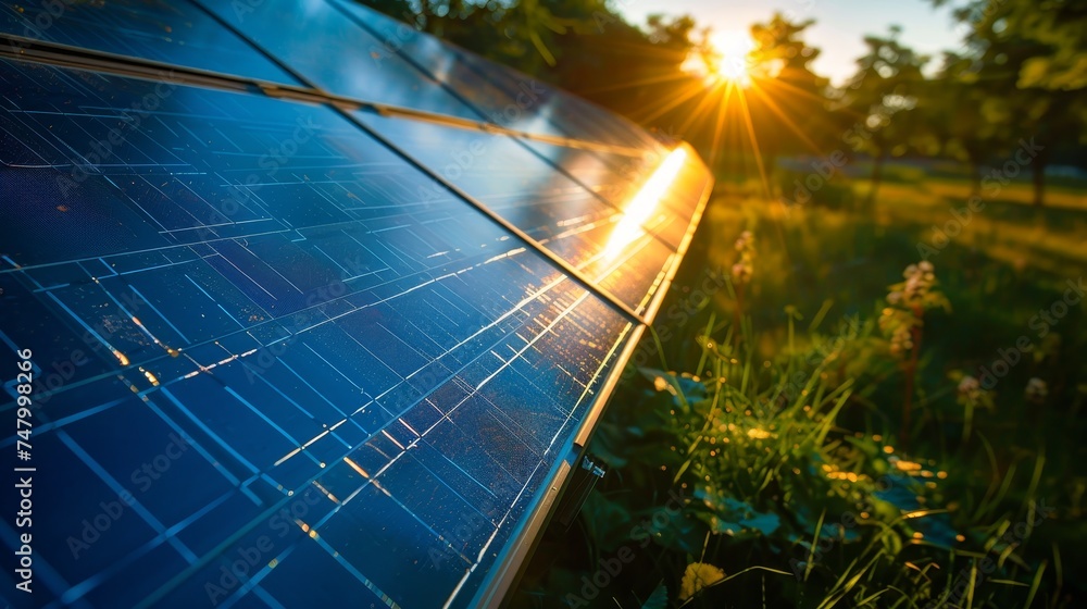 Sunrise illuminating a solar panel installed in a lush green field ...