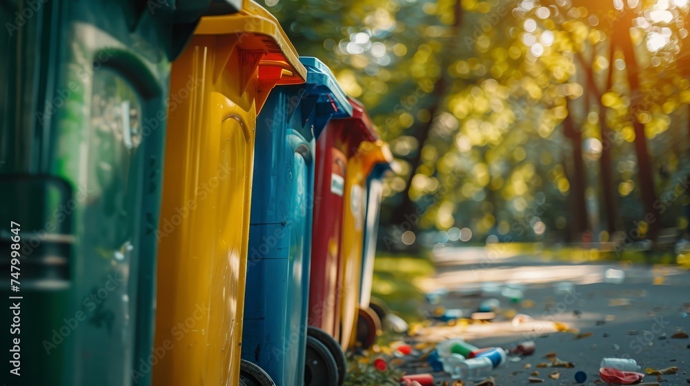 Colorful recycling bins line up on a park path, contrasted by litter on the ground, highlighting ...