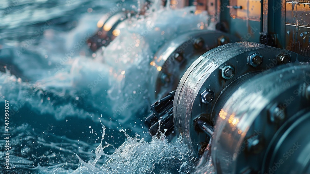 Close-up image of wave energy conversion units amidst the sea, actively ...