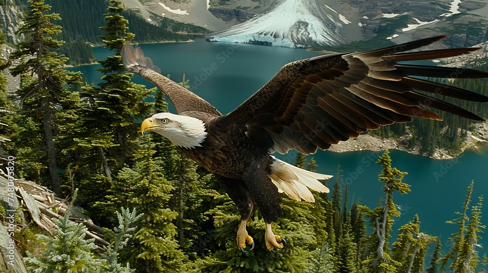 Majestic bald eagle soaring over lush green forest and serene blue lake ...