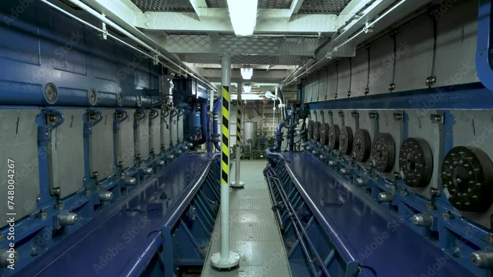 Diesels. Main engine in motor room of vessel. Power plant on the ship ...