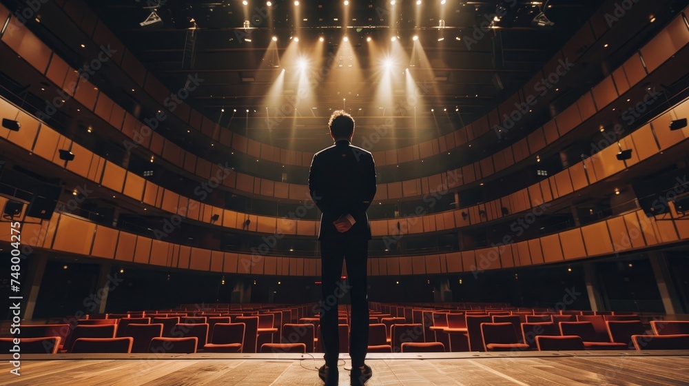 Inspirational male speaker giving speech on stage in front of engaged ...