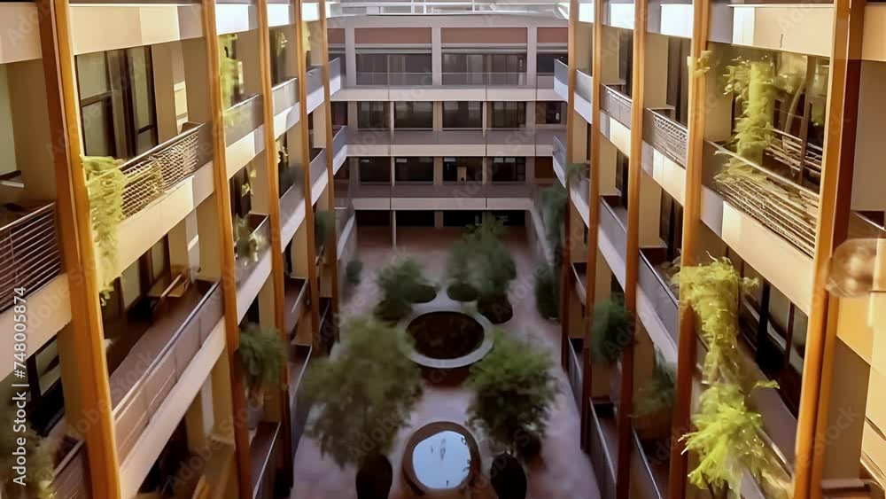 The interior of a modern office building with elliptical balconies and ...
