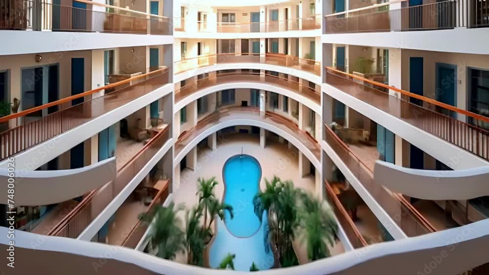 Inner courtyard of a modern residential complex with balconies and ...