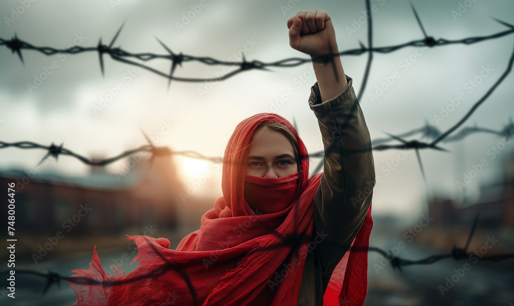 Fighting against oppression concept with woman with covered face ...