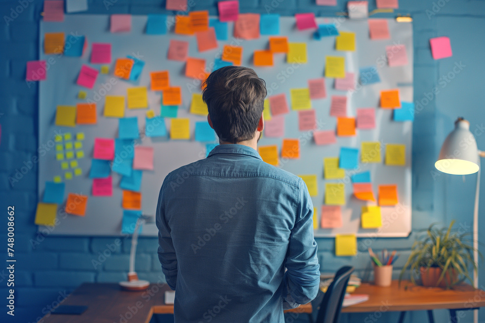 A focused individual stands in front of a whiteboard covered with ...