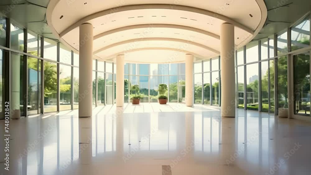 The modern interior hall of the building features an elegant curved ...