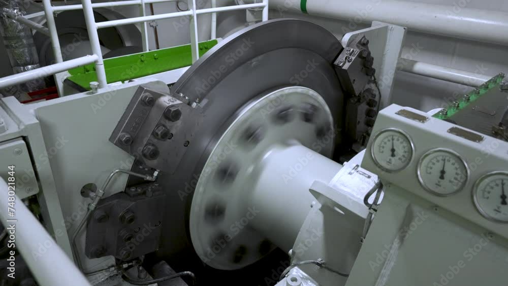 Vessel shaft with disc brake close-up. Shaft from diesel engine to ...