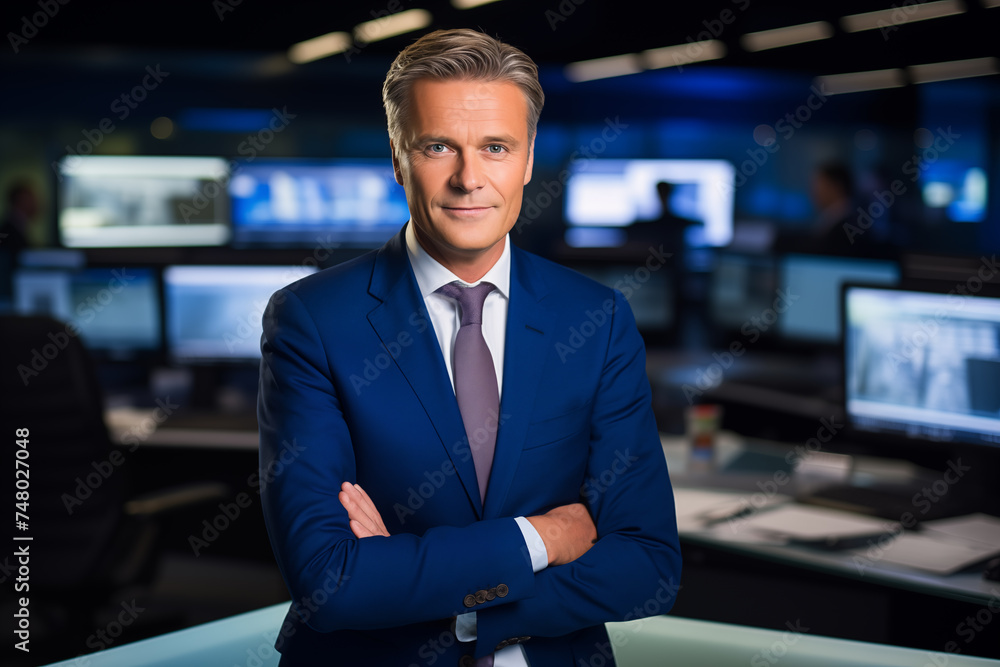 TV news presenter on a popular channel. live stream broadcast on ...