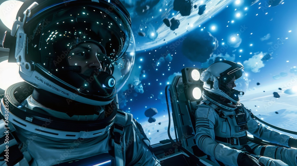 Two astronauts in full gear are seen inside a spacecraft, with a ...