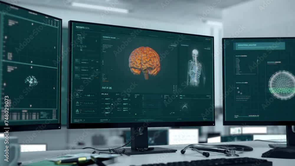 X-ray illness analysis system scanning the human brain at the clinic. X ...