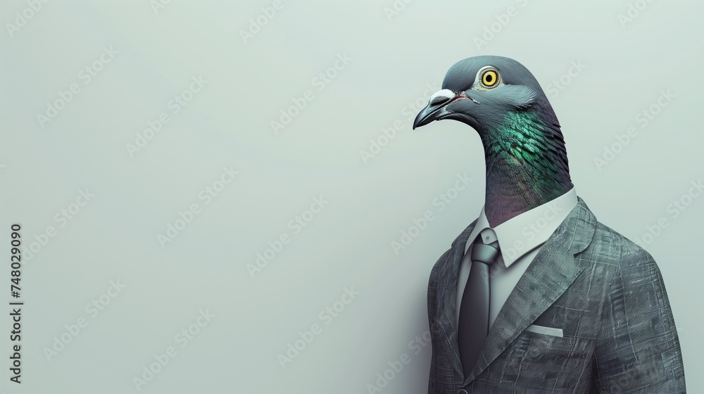 a pigeon wearing a suit with a tie on a plain white background on the ...