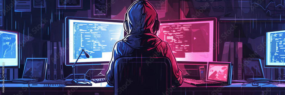 Stylized digital illustration of hacker workspace - Sleek, stylish ...