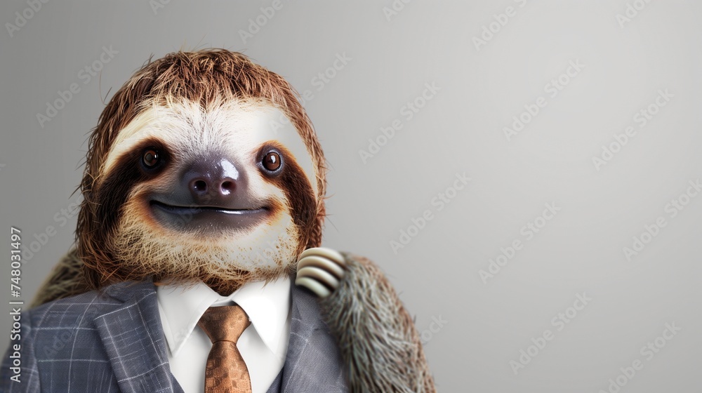 a sloth wearing a suit with a tie on a plain white background on the ...