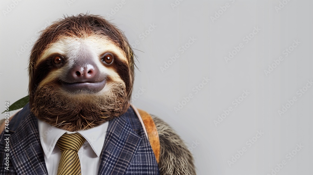 a sloth wearing a suit with a tie on a plain white background on the ...