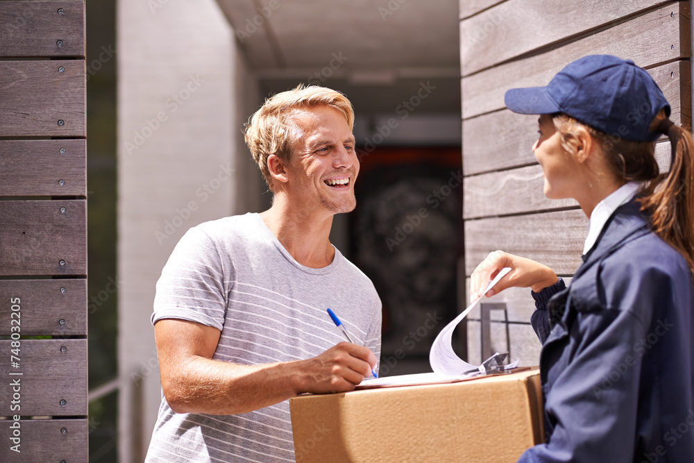 Delivery, courier and man sign documents, forms and application for ...
