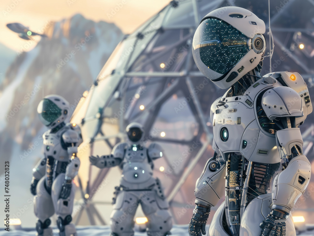 Humanoid robots laying the foundation of a space colony dome ...
