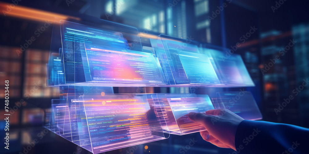 a person hand touch files and folders digital hologram, futuristic ...