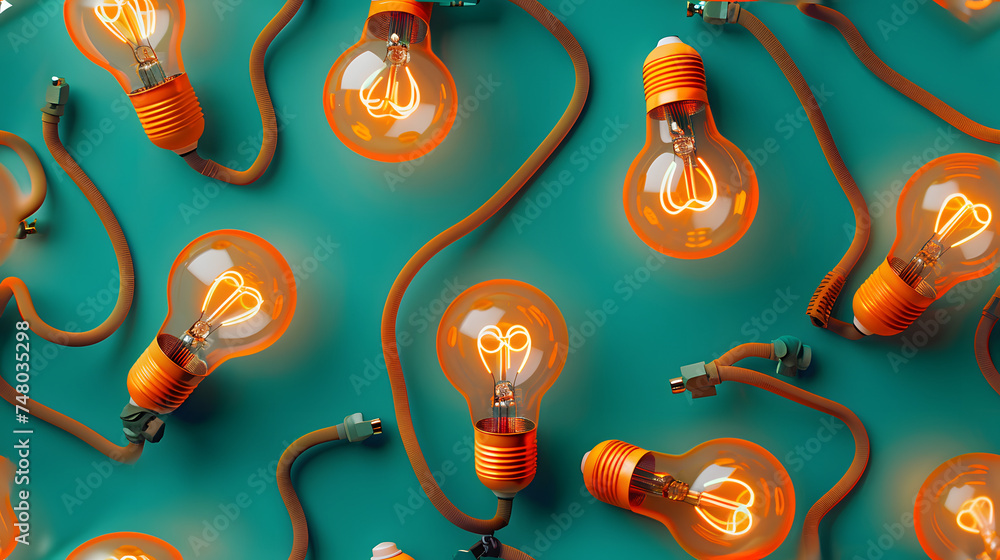 modern light bulbs and design top view, fabric electrical cables ...