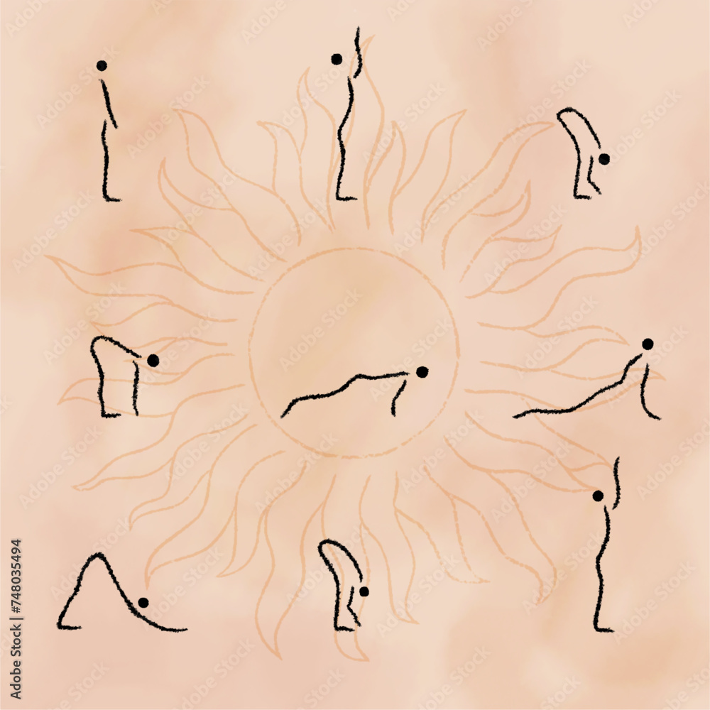 Sun Salutation Yoga Asana, Surya Namaskar, a sequence. Stick figure ...