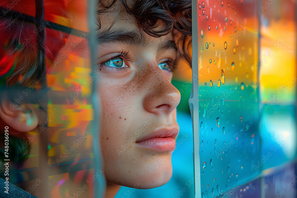 Teenage boy looks through the window glass as a symbol of accepting ...