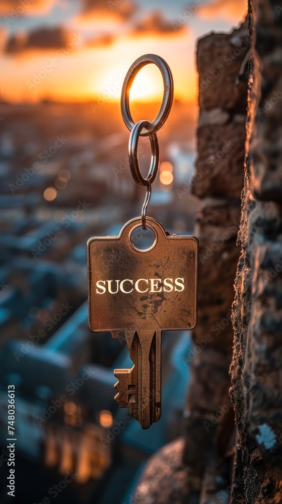 Golden key with a tag labeled SUCCESS held up against a sunset cityscape backdrop, symbolizing ...