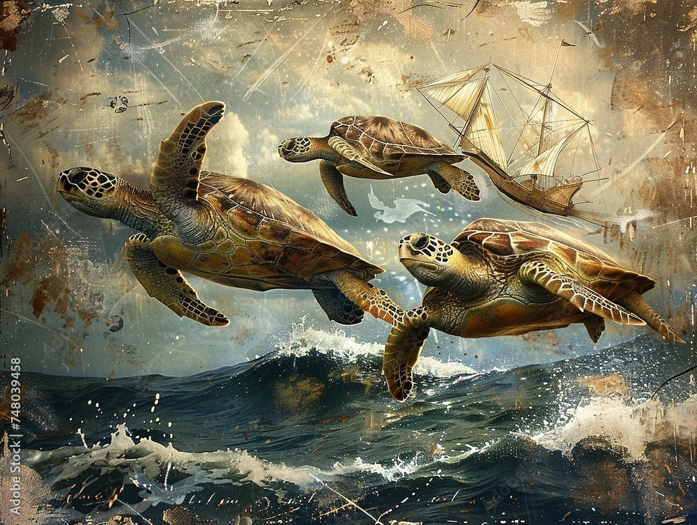 Ancient sea turtles navigating the ocean, symbolizing longevity and the ...