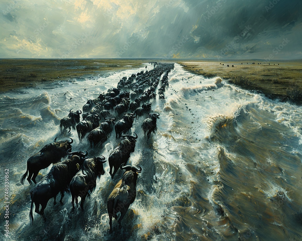 Dramatic portrayal of animal migration, vast herds moving across ...