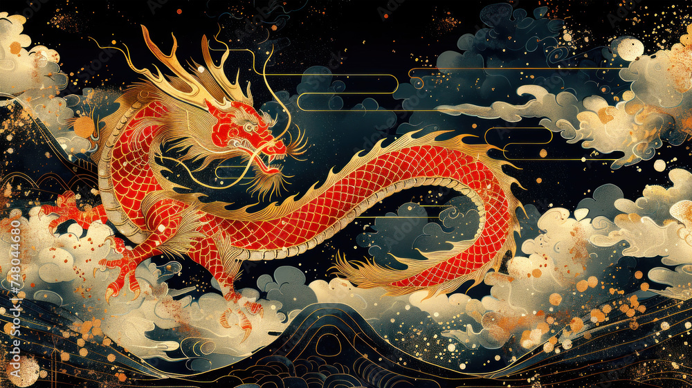 Red and Gold: An Oriental Pattern of Dragons and Phoenixes on a Black ...