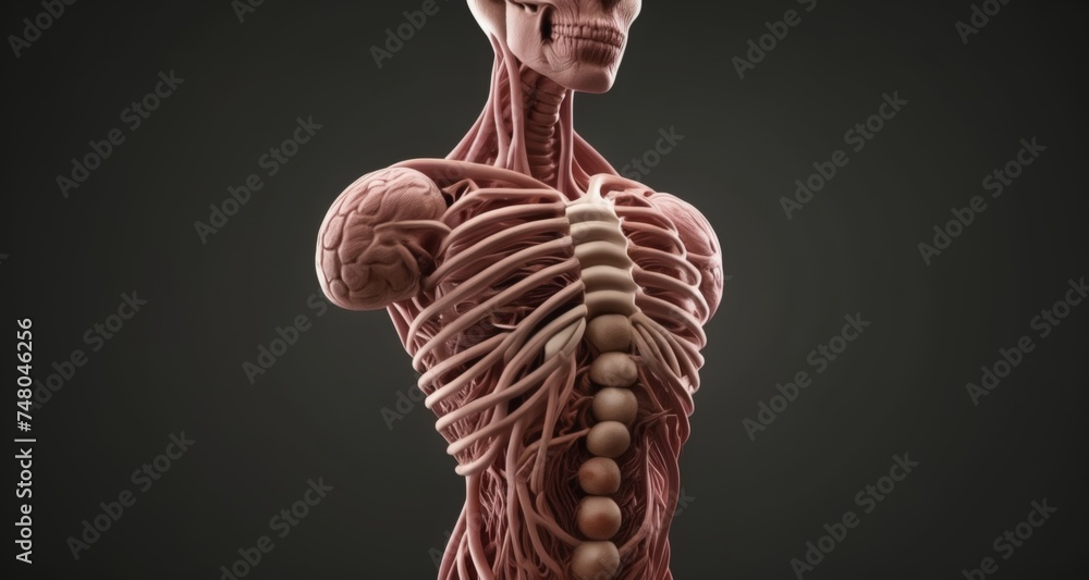 Anatomy of a human torso, showcasing internal organs and skeletal ...
