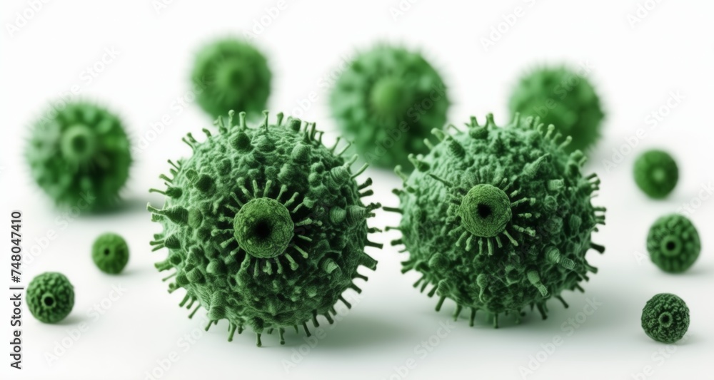 Viral particles in a 3D rendering, emphasizing the spherical shape and ...