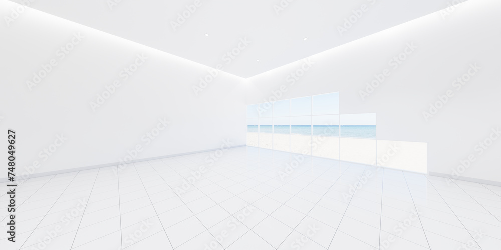 3d rendering of white empty room with ceramic tile floor in perspective ...