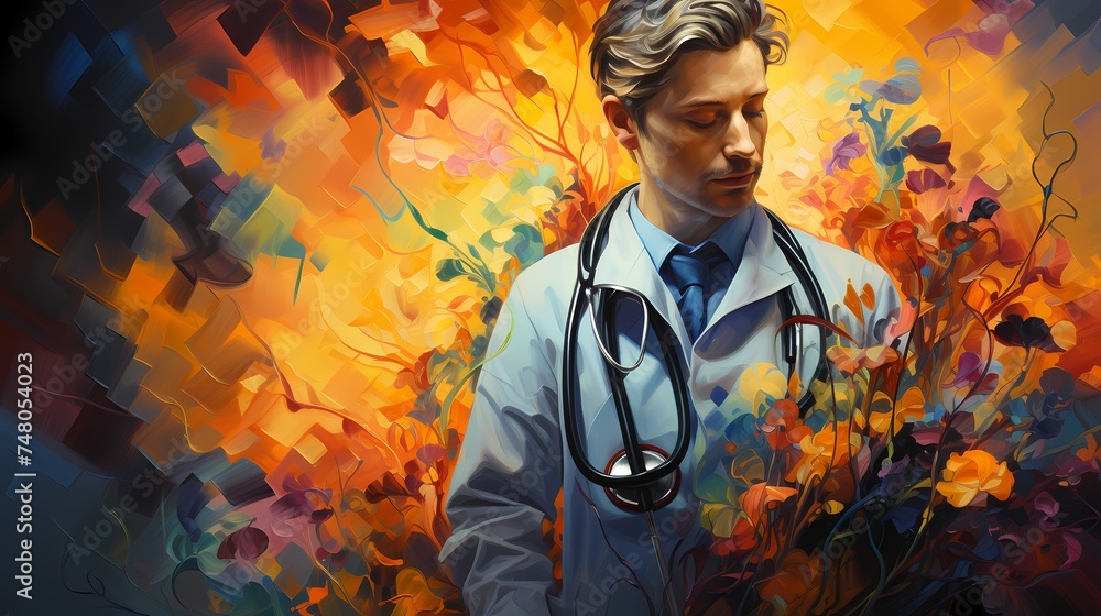 An artistic composition featuring a medical doctor writing notes on a ...